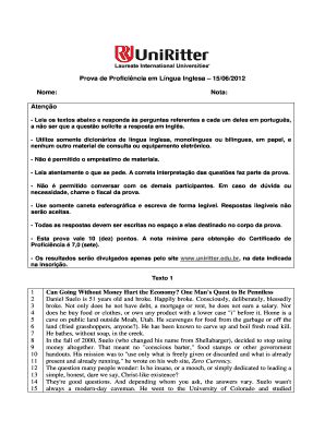 Fillable Online Uniritter Edu Modelo De Prova De Proficiencia Em