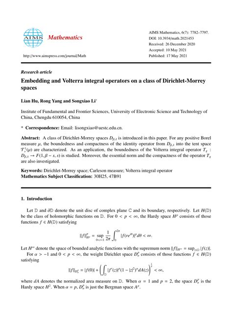 pdf embedding and volterra integral operators on a class of dirichlet morrey spaces