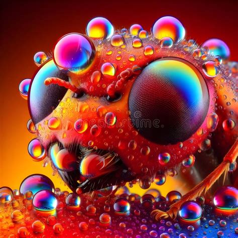 Image Of Colorful Water Drops With Reflections On Insect Body Stock