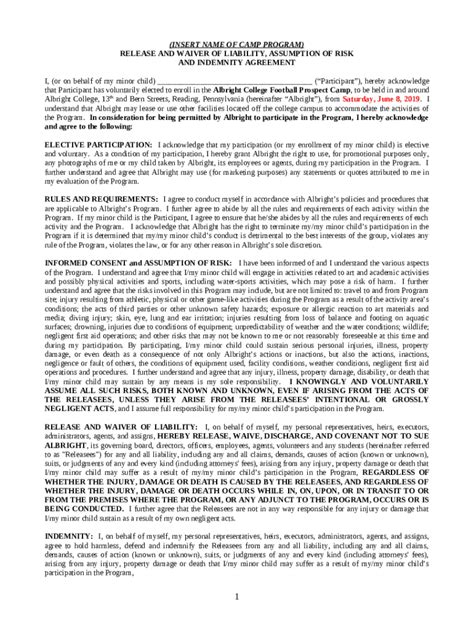 Camp Participation Assumption Of Risk Release And Waiver Doc
