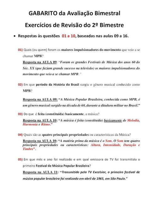 Pdf Gabarito Da Avalia O Bimestral Exerc Cios De Revis O Do