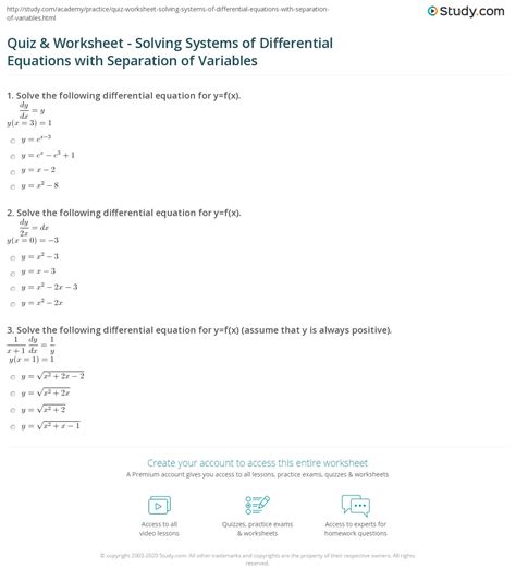 quiz and worksheet solving systems of differential equations with separation of variables