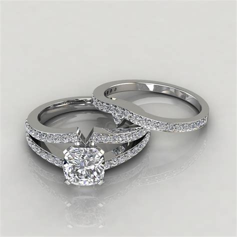 Split Shank Pavé Cushion Cut Engagement Ring and Wedding Band Set