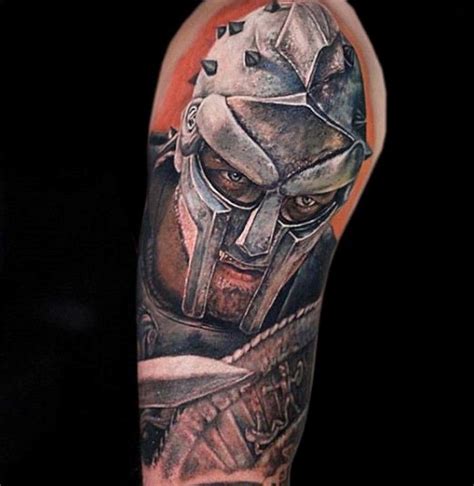 Real Photo Like Colored Shoulder Tattoo Of Gladiator Movie Scene