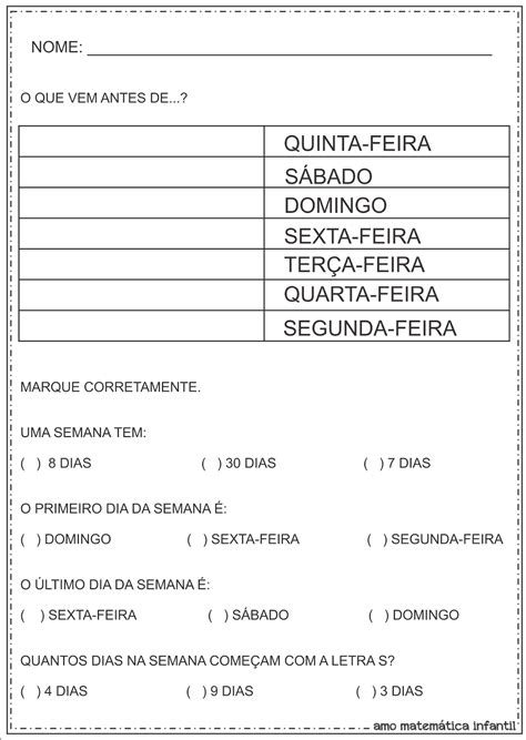 Matemática Infantil Atividades Dias da Semana Primeiro Ciclo