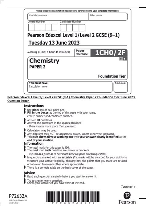 pearson edexcel level 1 level 2 gcse 9 1 chemistry paper 2 foundation tier june 2023 question