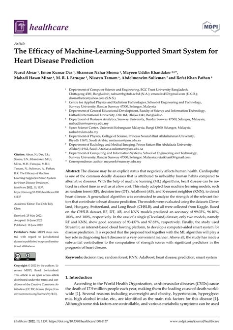 pdf the efficacy of machine learning supported smart system for heart disease prediction