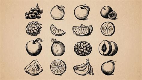 Vintage Sketch Of Various Fruits On Textured Background For Rustic