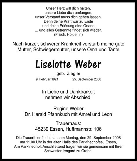 Traueranzeigen Von Liselotte Weber Trauer In NRW De