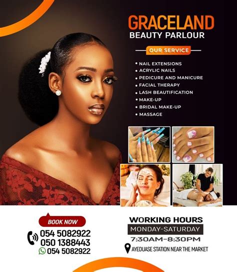 A Flyer For A Beauty Salon With An Image Of A Woman S Face And Hands