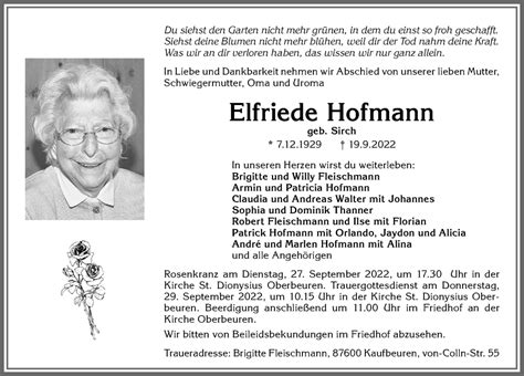 Traueranzeigen Von Elfriede Hofmann Augsburger Allgemeine Zeitung