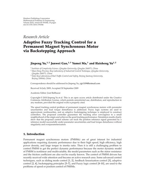 pdf adaptive fuzzy tracking control for a permanent magnet synchronous motor via backstepping