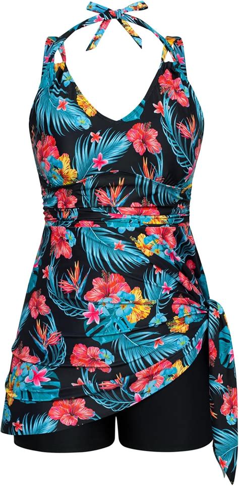 Hanna Nikole Women Plus Size Two Piece Tankini Swimdress V Neck Floral