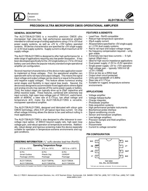 ALD1726G Datasheet PRECISION ULTRA MICROPOWER CMOS OPERATIONAL AMPLIFIER