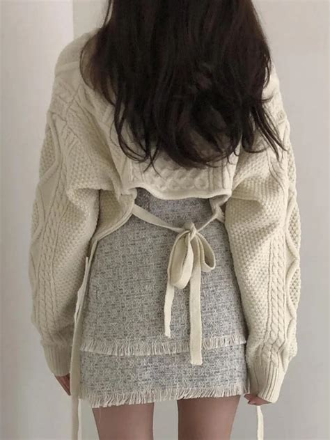 Houzhou Japanese Sweet Lace Up Knit Sweater Women Cute Sexy Back Irregular V Neck Loose Long