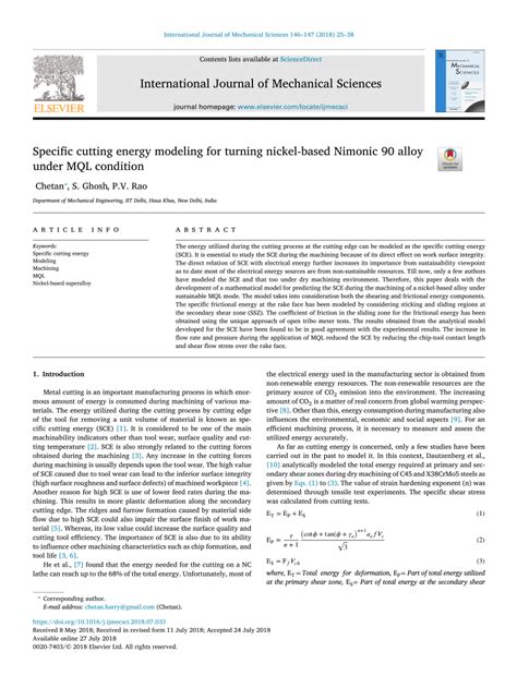 pdf specific cutting energy modeling for turning nickel based nimonic 90 alloy under mql condition