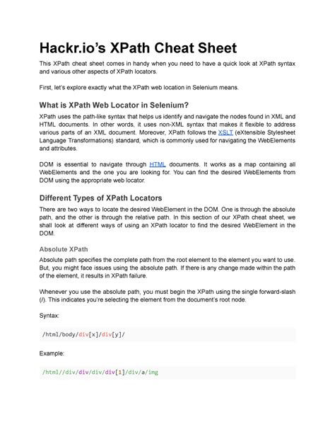 X Path Selenium Hackrs Xpath Cheat Sheet This Xpath Cheat Sheet Comes In Handy When You Need