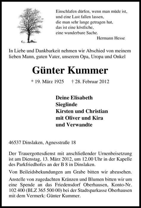 Traueranzeigen von Günter Kummer Trauer in NRW de