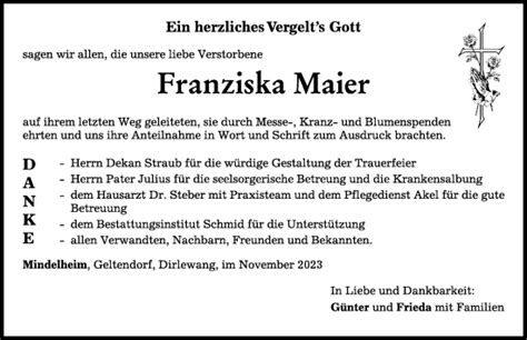 Traueranzeigen Von Franziska Maier Allg Uer Zeitung