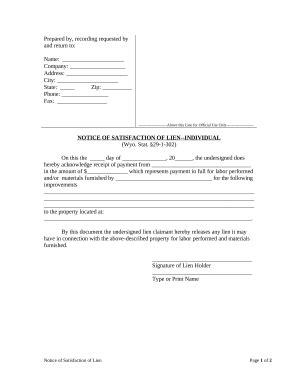 Notice Of Satisfaction Individual Wyoming Doc Template PdfFiller