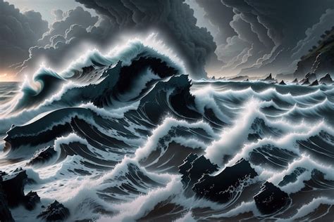 Premium AI Image A Large Wave Is Crashing Into A Rocky Shore