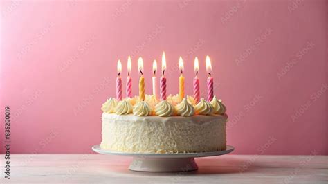 Birthday Cake With Six Candles On Pastel Pink Background Birthday
