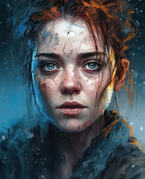 Una Pintura De Una Mujer Con Ojos Azules Y Un Fondo Azul Y Naranja