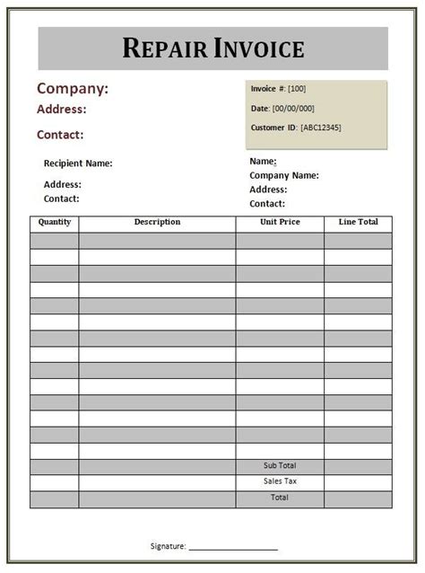 Repair Invoice Templates Free Word Excel Pdf Formats Samples
