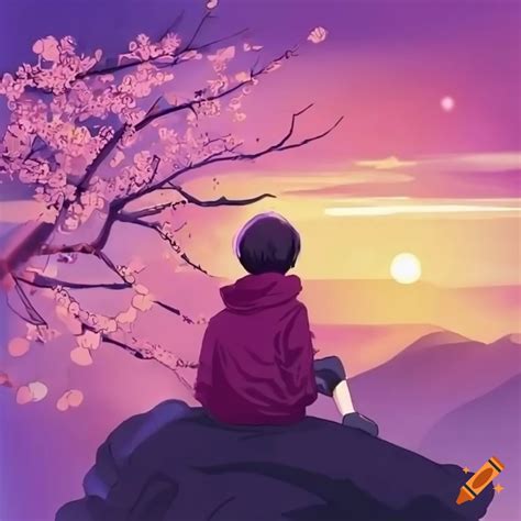 A Boy Sitting On A Cliff With A Cherry Blossom Tree On It Looking At