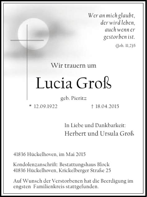 Traueranzeigen von Lucia Groß Aachen gedenkt