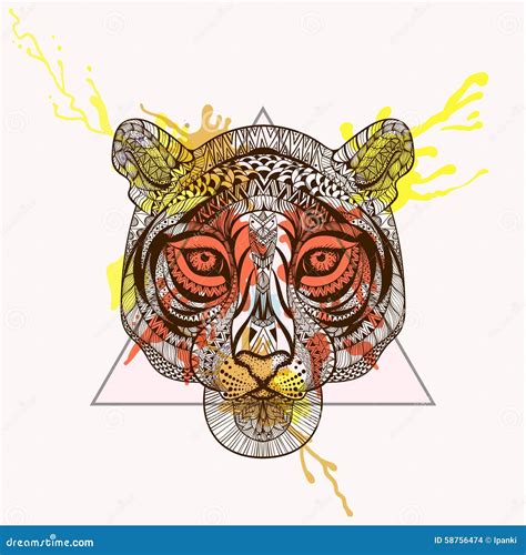 Zentangle Stylized Tiger Face In Triangle Frame With Watercolor Stock