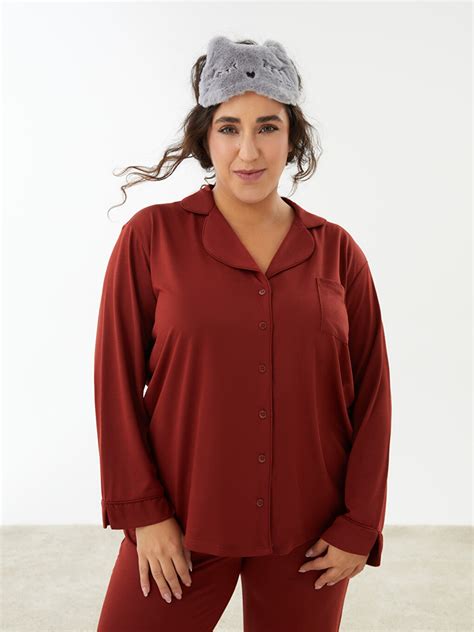 Kahverengi Büyük Beden Gömlek Yaka Düz Uzun Kollu Kadın Pijama Takımı