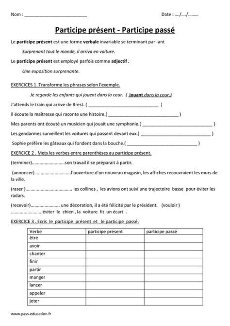 Participe présent Participe passé Cm2 Leçon Exercices corrigés