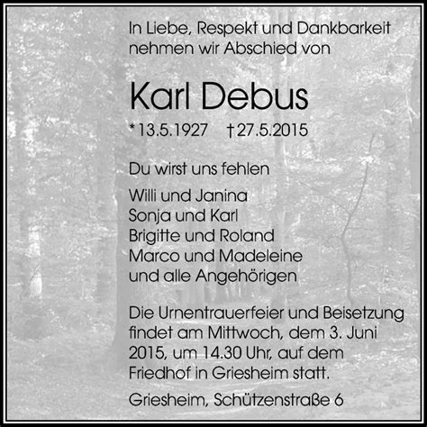 Traueranzeigen Von Karl Debus Vrm Trauer De