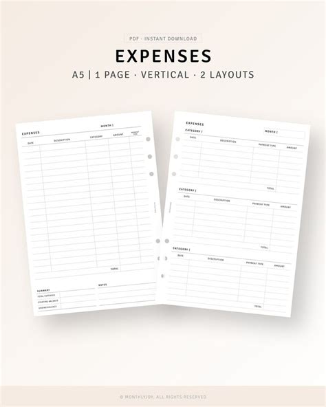Expense Tracker Printable A5 Inserts Monthly Expense Planner Etsy