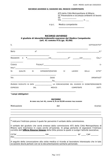 A220 MD001 Fac Simile Ricorso Avverso Il Giudizio Del Medico Competente