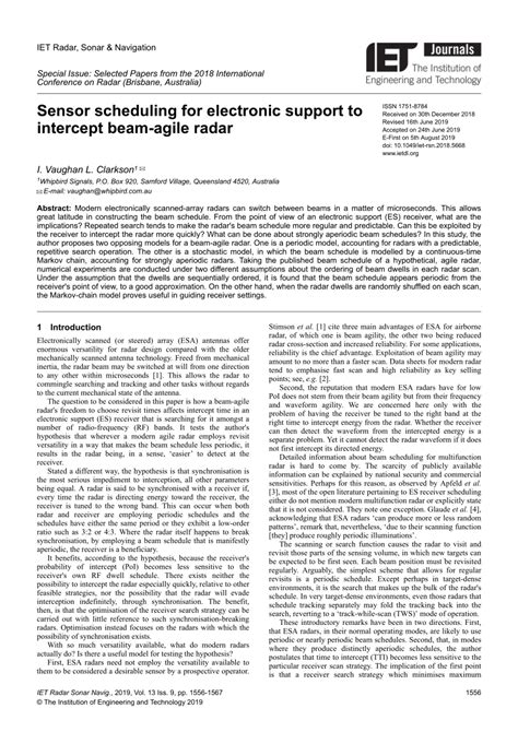 pdf sensor scheduling for electronic support to intercept beam agile radar