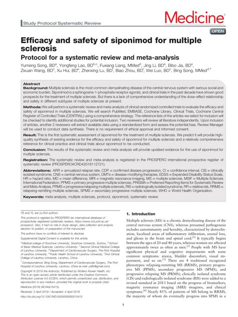 Pdf Efficacy And Safety Of Siponimod For Multiple Sclerosis Protocol