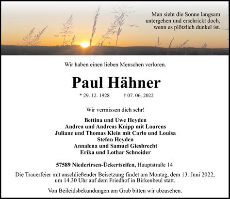 Traueranzeigen Von Paul H Hner Rz Trauer De