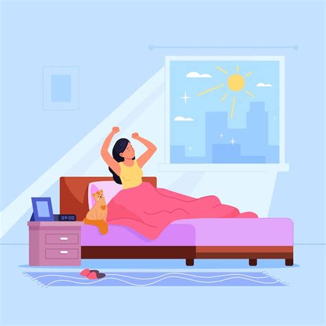 Réveil Femme Lumière Du Soleil Du Matin Et étirement Belle Fille Dans