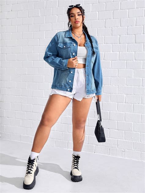 Shein Ezwear Cazadora Mezclilla Con Bolsillo Con Solapa Con N