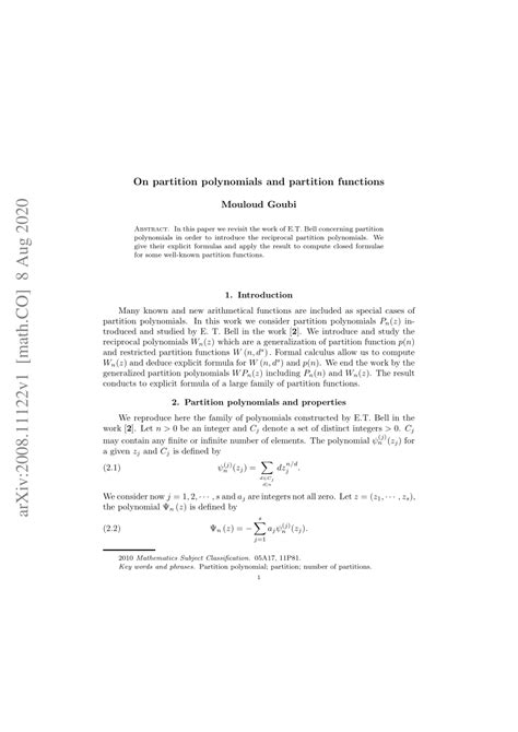 pdf on partition polynomials and partition functions