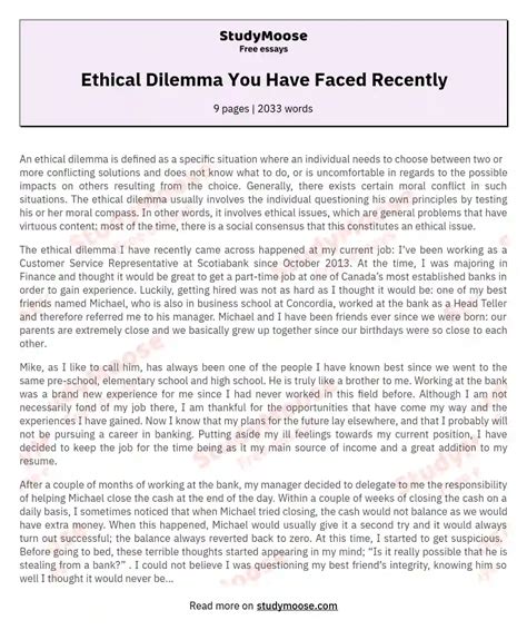 Ethical Dilemma You Have Faced Recently Free Essay Example