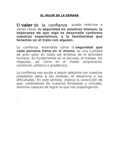 EL Valor DE LA Semana Confianza EL VALOR DE LA SEMANA El Valor De La