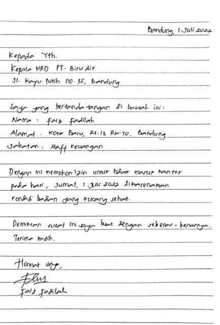 7 Contoh Surat Izin Tidak Masuk Kerja Tulis Tangan Yang Baik Dan Benar
