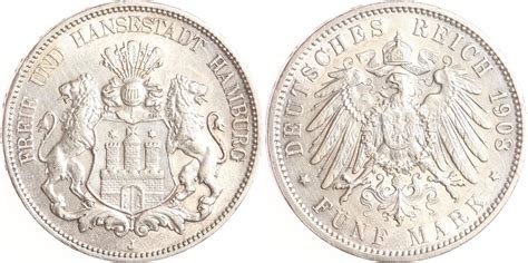 Hamburg 5 Mark 1908 J Sehr schön vorzüglich MA Shops