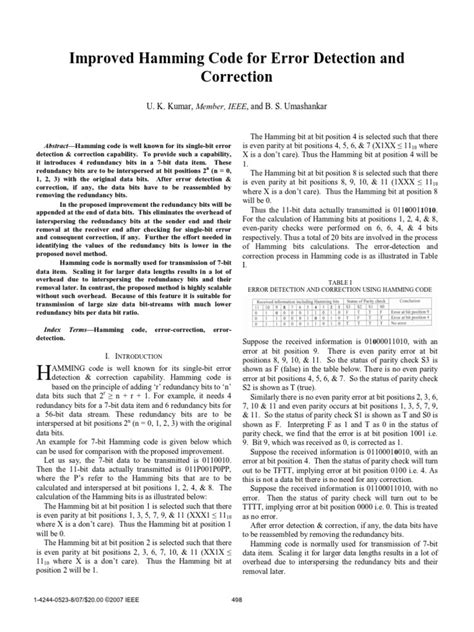 improved hamming code for error detection and correction u k kumar member ieee and b s