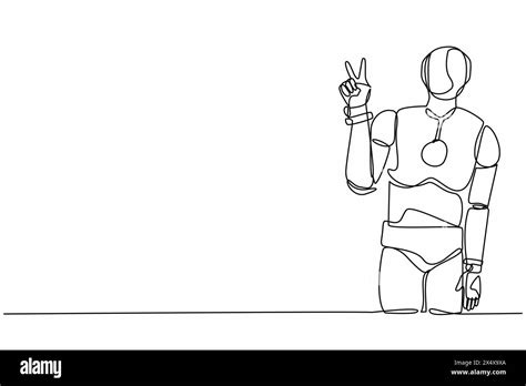 Continuous One Line Drawing Robot Standing With V Symbol Victory Sign