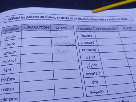 SEPARA las palabras en sílabas encierra en un círculo la sílaba tónica