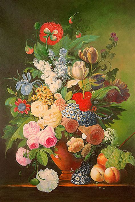Quadro Vaso Di Fiori Con Pesche E Uva Di Picart Scuola Nature Morte